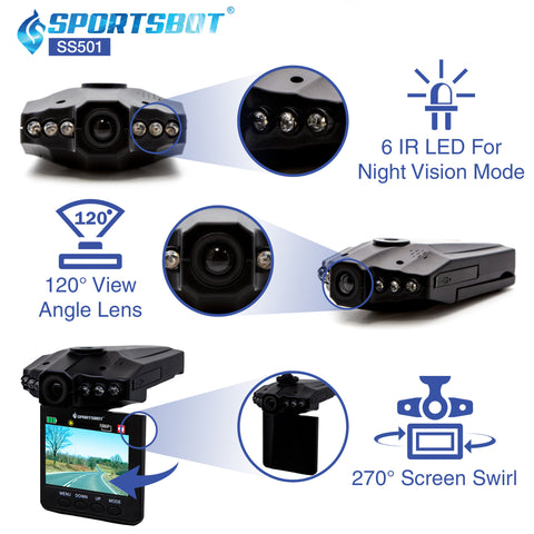 SportsBot SS501 120 Degree Wide Angle Car Dash Cam Camera Video DVR Re ...
